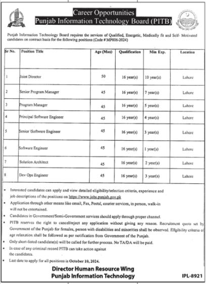 Management Jobs in Punjab Information Technology Board PITB 2025 Job Advertisement Pakistan