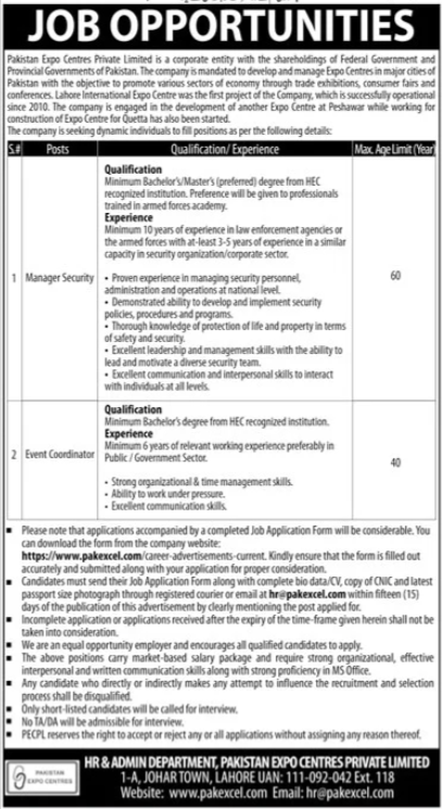 Pakistan Expo Centers Private Limited Jobs 2024 2025 Job Advertisement Pakistan