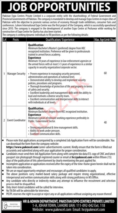 Pakistan Expo Centres Pvt Ltd Lahore Jobs 2024 2025 Job Advertisement Pakistan