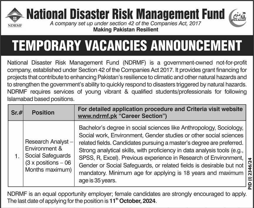 National Disaster Risk Management Fund NDRMF Jobs 2024 2025 Job Advertisement Pakistan