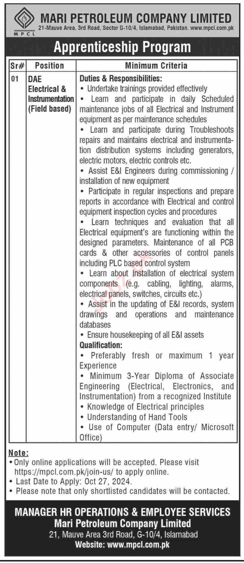 Apprenticeship Positions at Mari Petroleum Company Limited 2025 Job Advertisement Pakistan