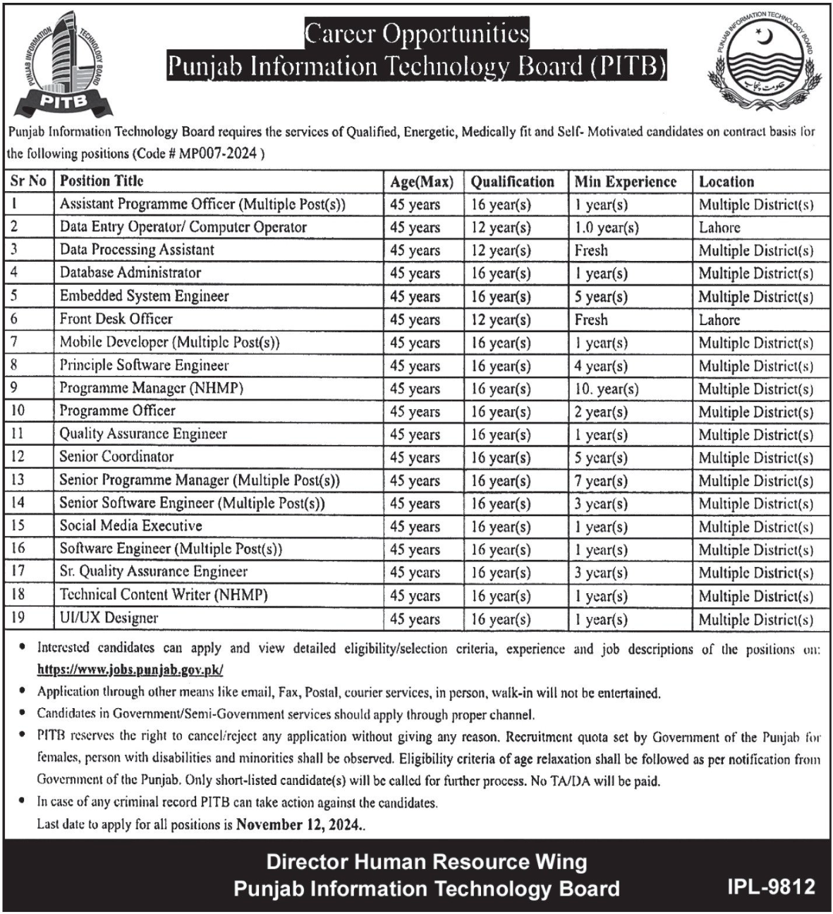 Jobs Available at Punjab Information Technology Board PITB 2025 Job Advertisement Pakistan
