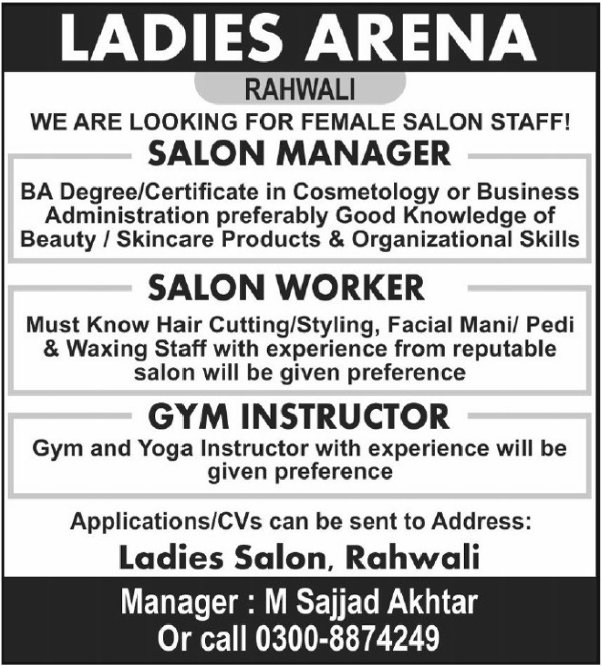 Ladies Arena Salon Staff Jobs 2024 2024 Job Advertisement Pakistan