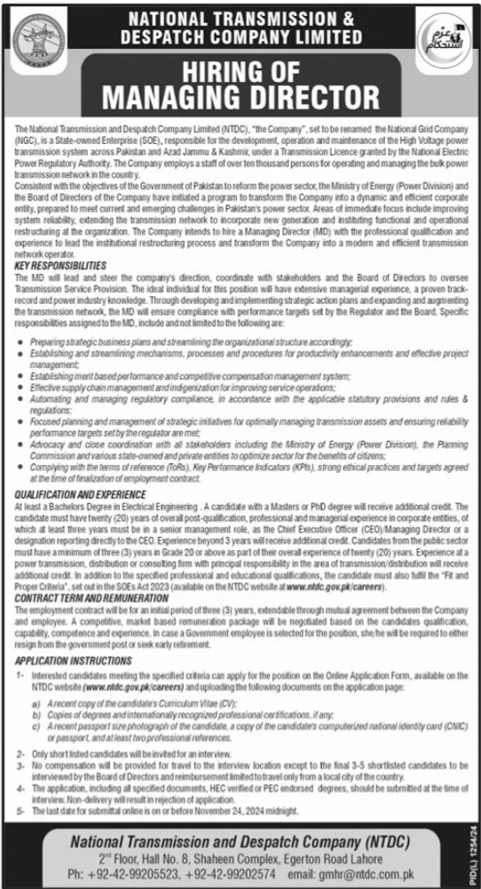 National Transmission & Despatch Company NTDC Lahore Job 2025 Job Advertisement Pakistan