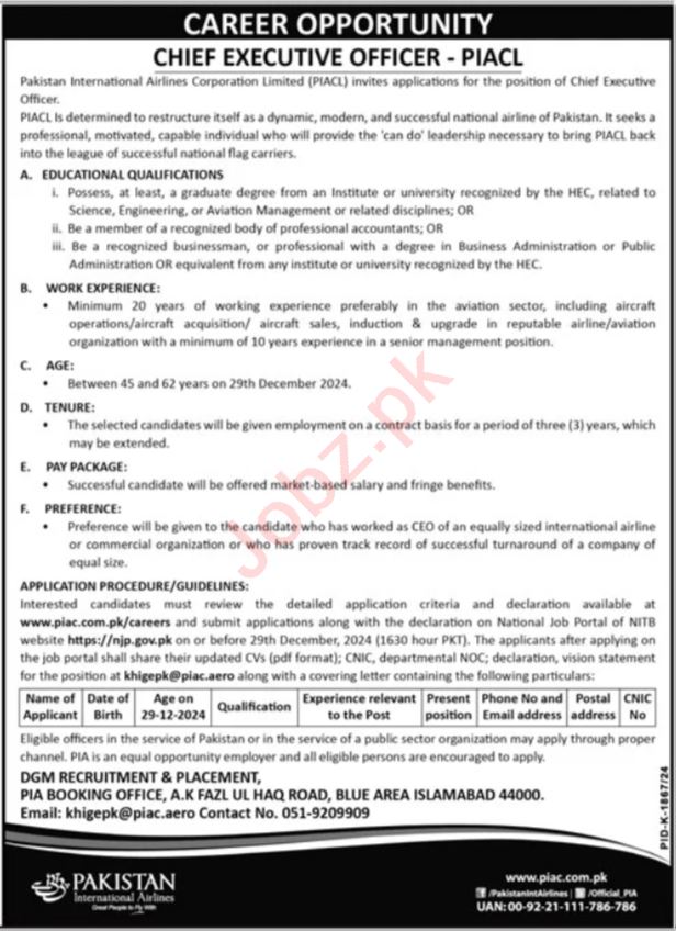 Pakistan International Airlines Corporation Limited Job 2024 2025 Job Advertisement Pakistan