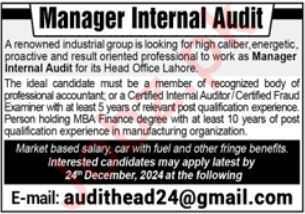 Manager Internal Audit Jobs at Industrial Group 2025 Job Advertisement Pakistan