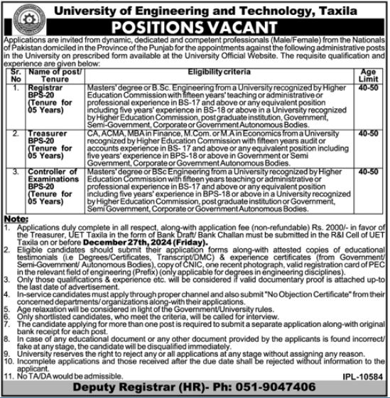 University of Engineering and Technology UET Taxila Jobs 2025 Job Advertisement Pakistan