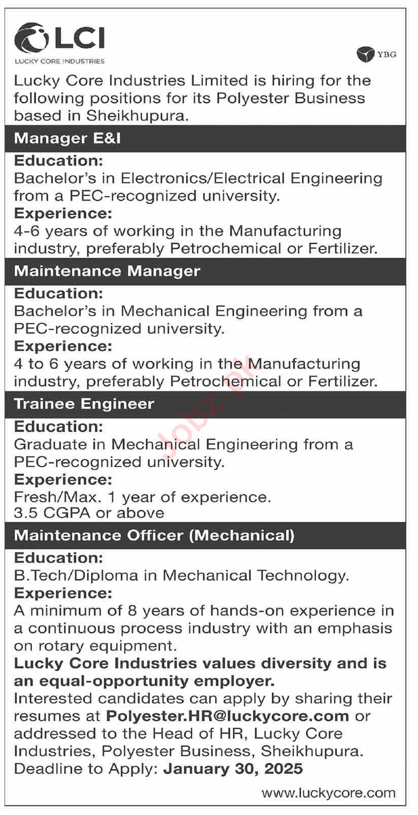 Situations Vacant at Lucky Core Industries Limited LCI 2025 Job Advertisement Pakistan
