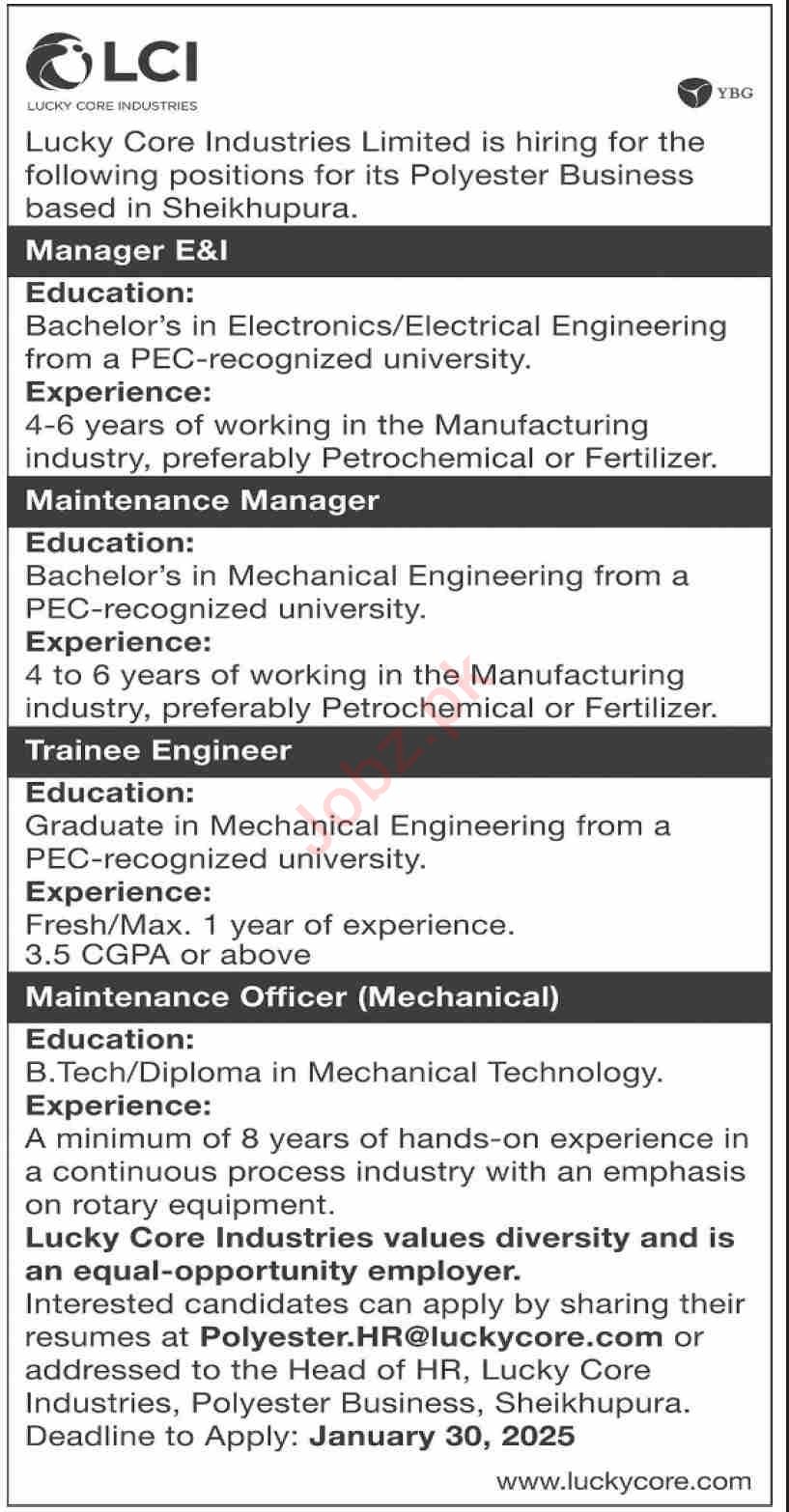 Positions Vacant at Lucky Core Industries Limited LCI 2025 Job Advertisement Pakistan