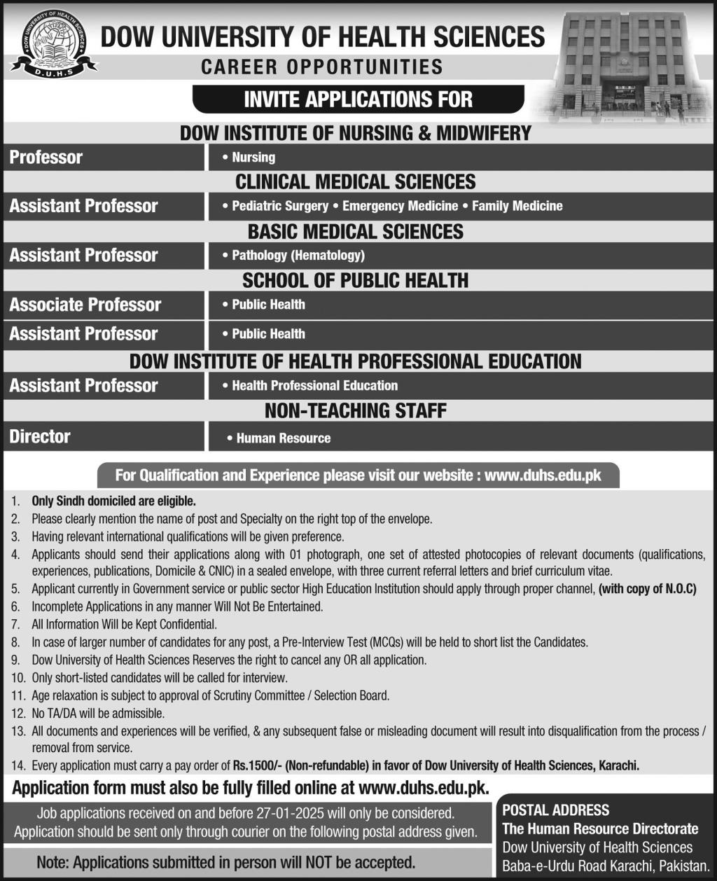 Dow University of Health Sciences DUHS Karachi Jobs 2025 2025 Job Advertisement Pakistan