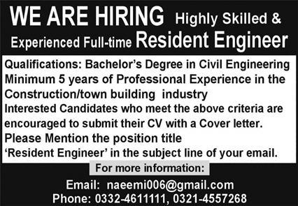 Resident Engineer & Civil Engineer Jobs 2025 in Faisalabad 2025 Job ...