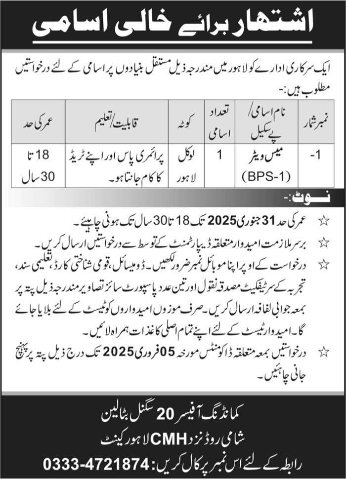 Government Organization Lahore Cantt Job 2025 2025 Job Advertisement ...
