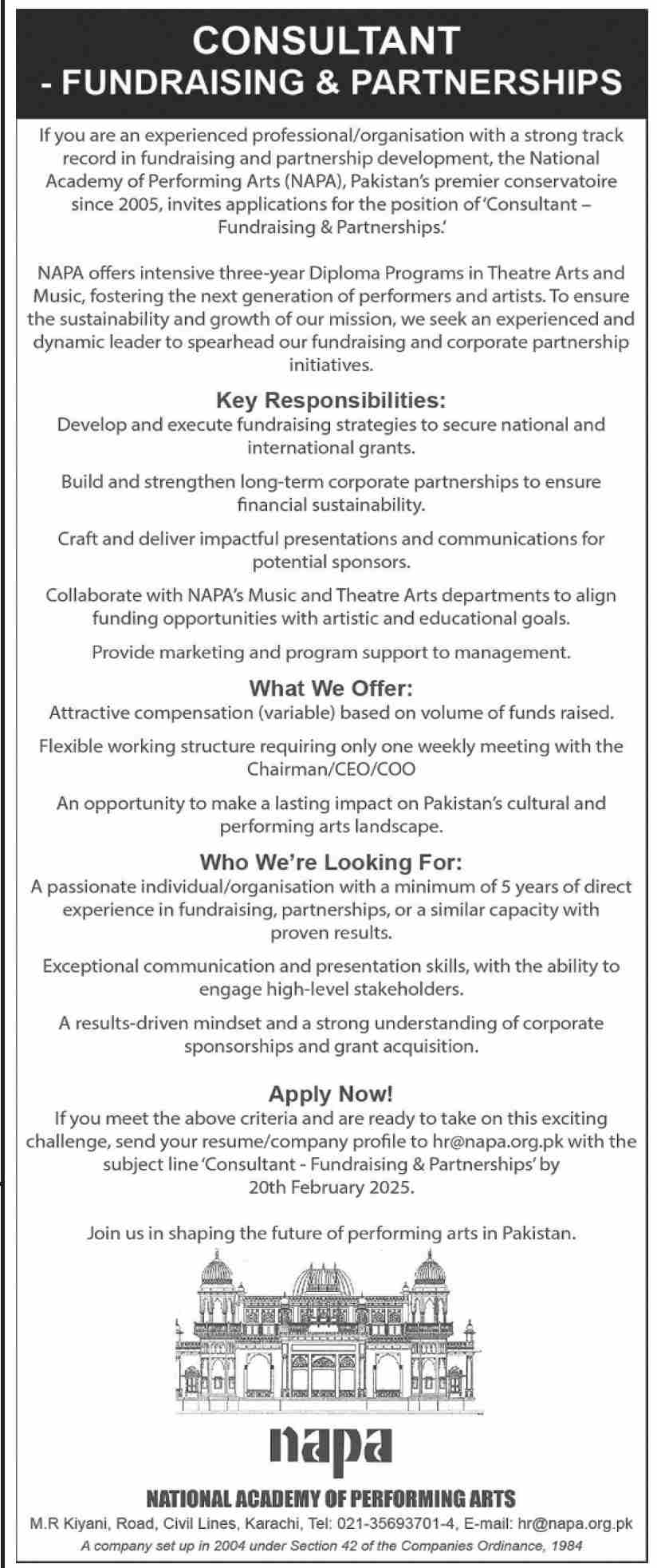 Consultant job at National Academy of Performing Arts NAPA 2025 Job Advertisement Pakistan