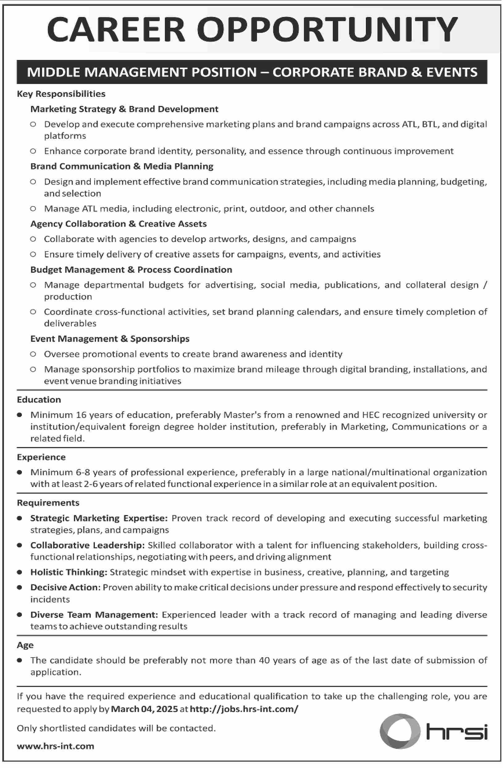 HRSI Karachi Job Announcement 2025 2025 Job Advertisement Pakistan