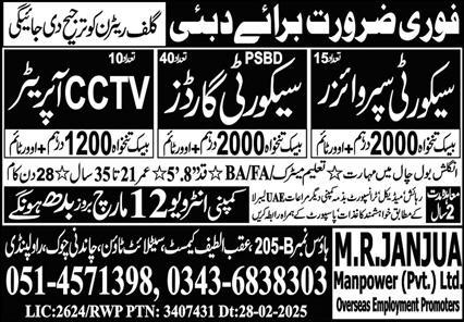 Security Supervisor and CCTV Operator jobs in Dubai 2025 Job Advertisement Pakistan