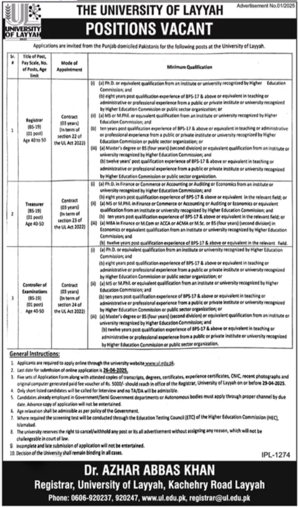 The University of Layyah Jobs 2025 for Registrar 2025 Job Advertisement Pakistan