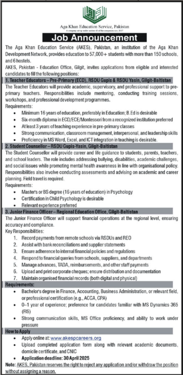 Aga Khan Education Services Gilgit Jobs 2025 2025 Job Advertisement Pakistan