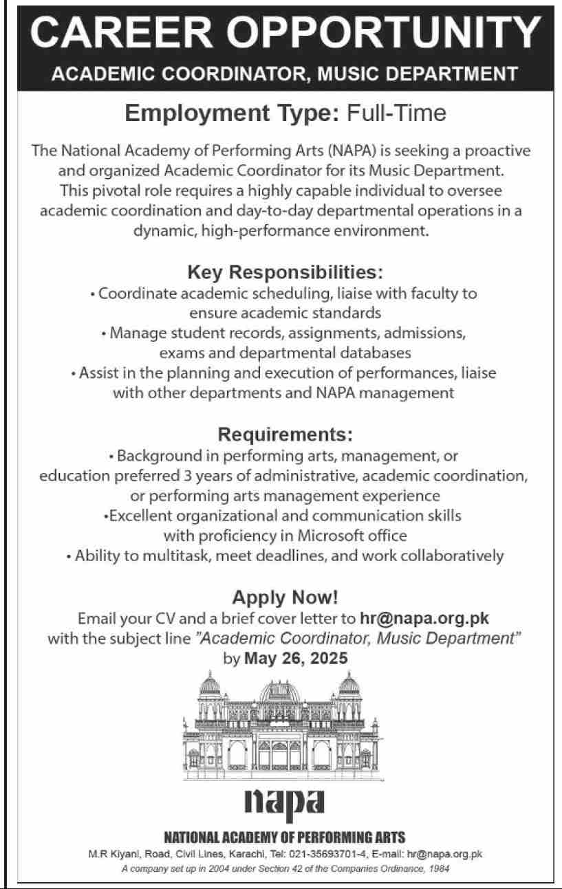 Job Available at National Academy of Performing Arts NAPA 2025 Job Advertisement Pakistan