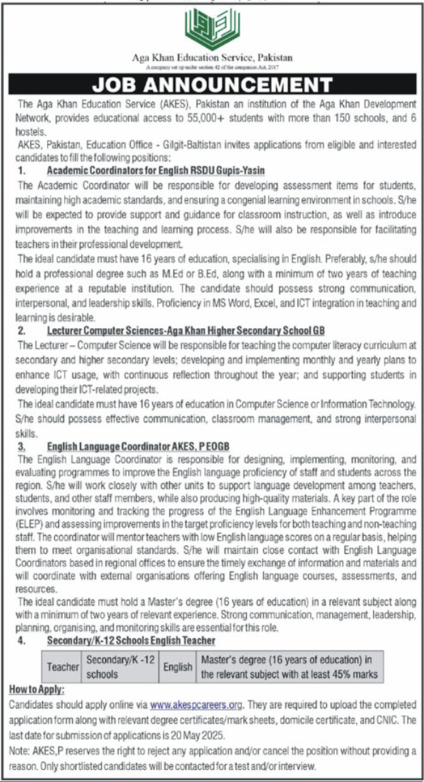 Aga Khan Education Service Pakistan Gilgit Jobs 2025 2025 Job Advertisement Pakistan