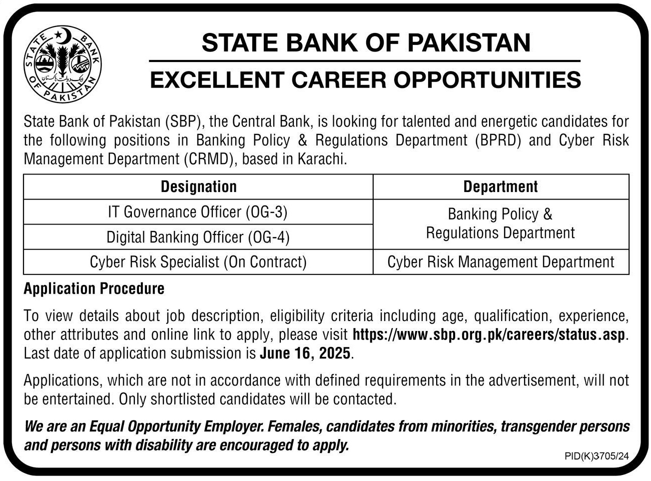 Job Vacancies at State Bank of Pakistan SBP 2025 Job Advertisement Pakistan