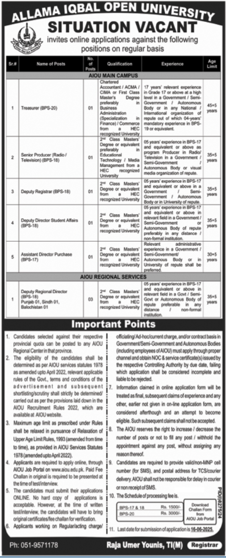 Allama Iqbal Open University AIOU Islamabad Jobs 2025 2025 Job Advertisement Pakistan
