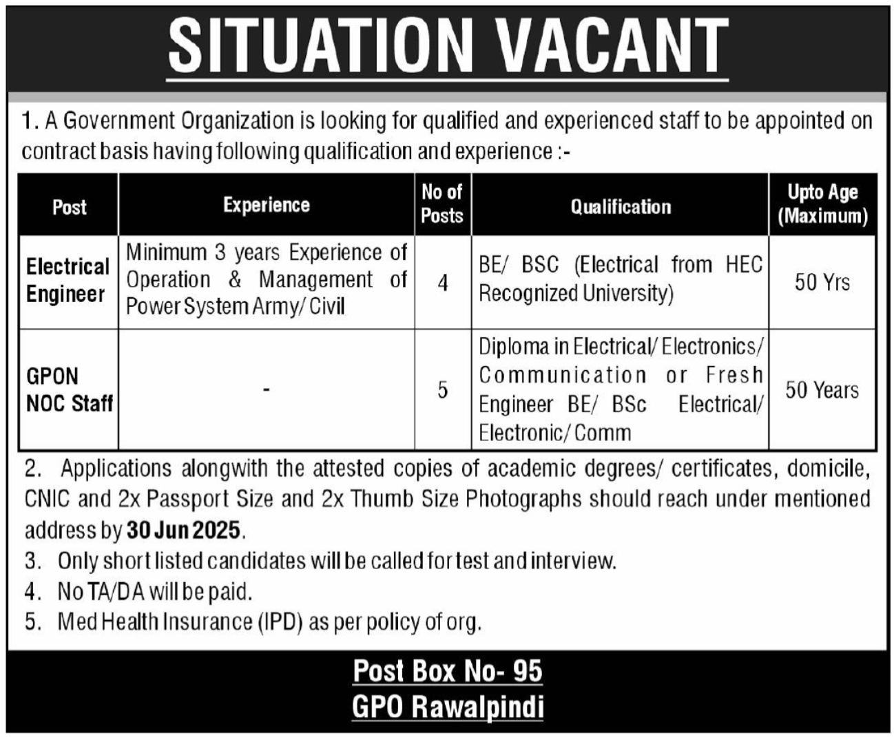 Electrical Engineer & GPON NOC Staff Jobs 2025 2025 Job Advertisement ...