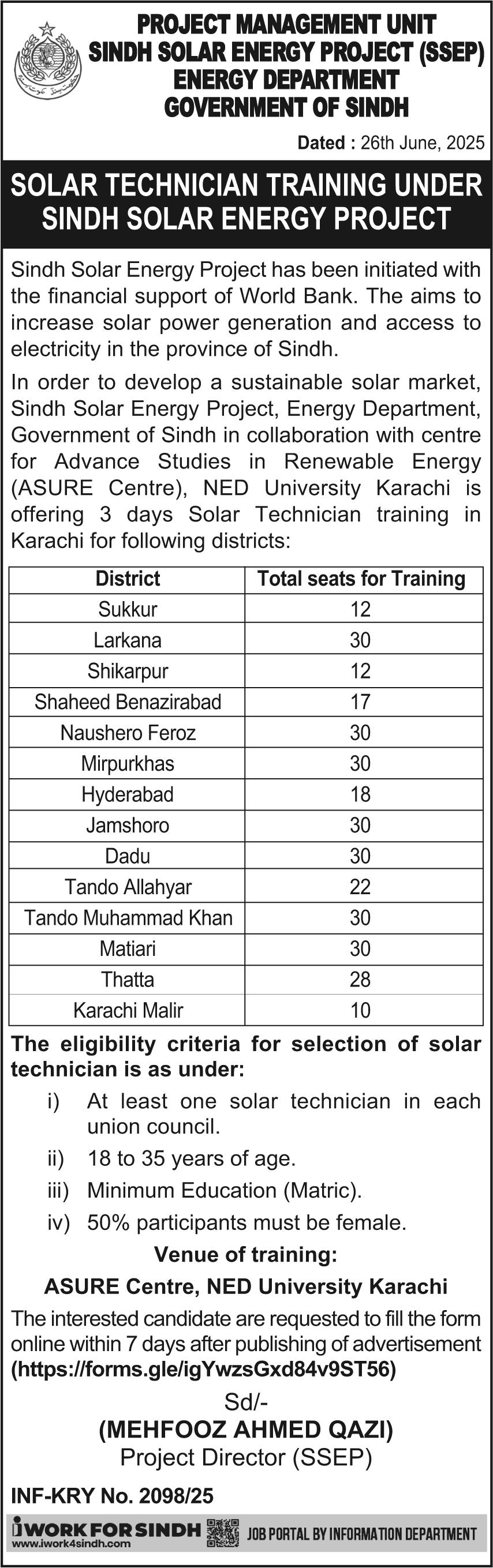 Sindh Solar Energy Project Karachi Training 2025 2025 Job Advertisement Pakistan