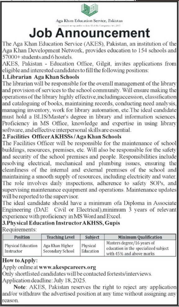 Aga Khan Education Service Pakistan Gilgit Jobs 2025 2025 Job Advertisement Pakistan