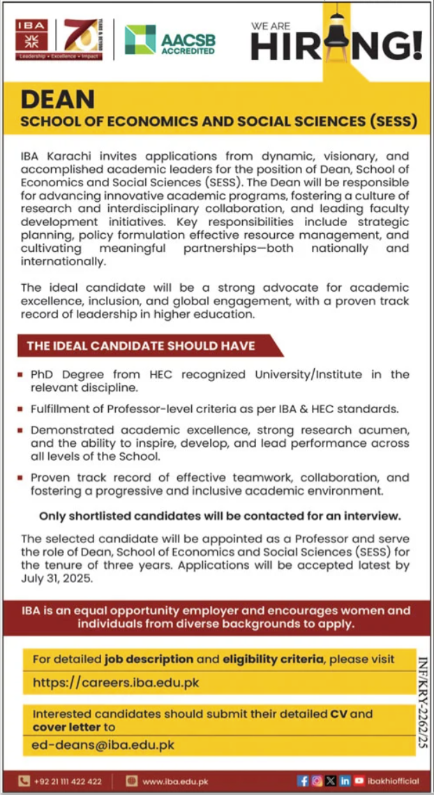 DEAN Jobs in Institute of Business Administration IBA 2025 Job Advertisement Pakistan