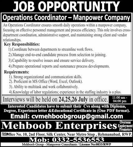 Mehboob Enterprises OEP Rawalpindi Job 2025 2025 Job Advertisement Pakistan