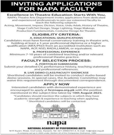 National Academy of Performing Arts NAPA Karachi Jobs Notice 2025 Job Advertisement Pakistan