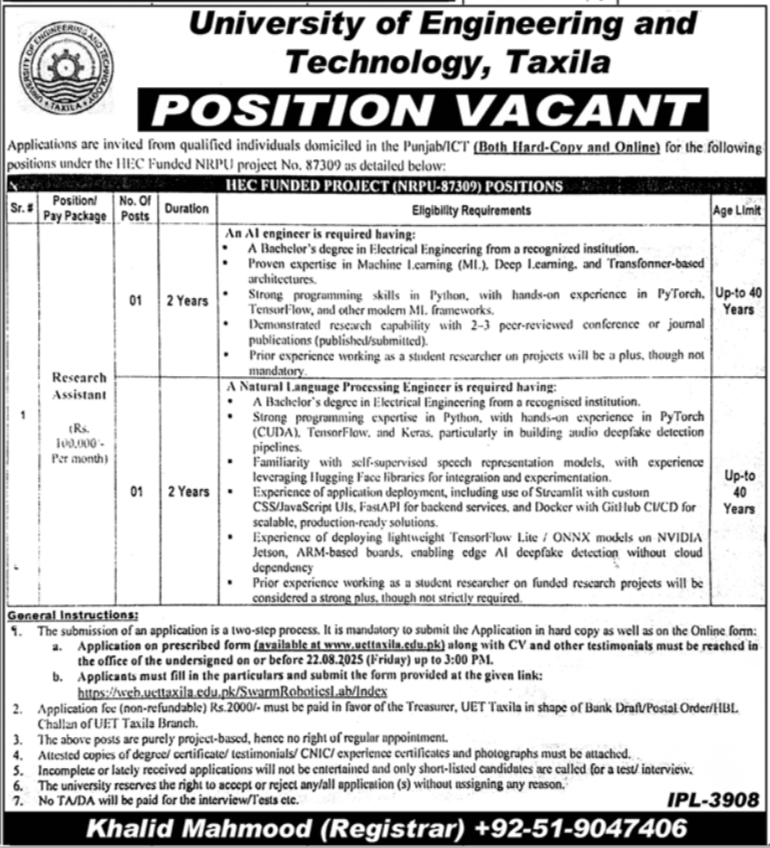 University of Engineering and Technology UET Taxila Job 2025 2025 Job Advertisement Pakistan