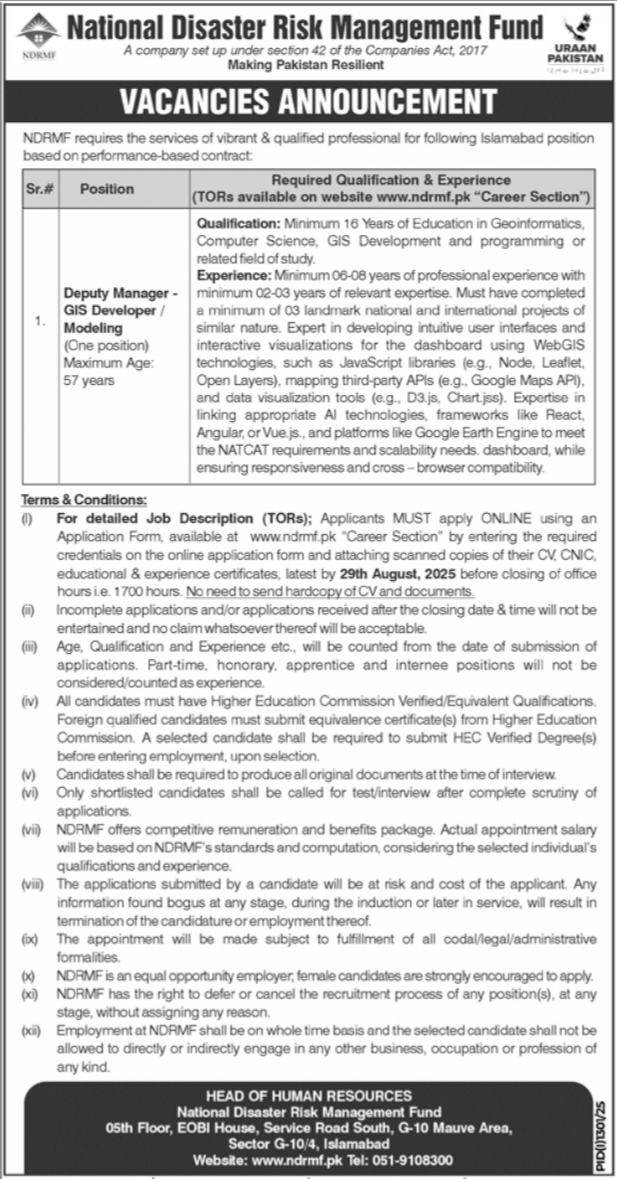 NDRMF Islamabad Jobs 2025 for GIS Developer & Modeling 2025 Job ...