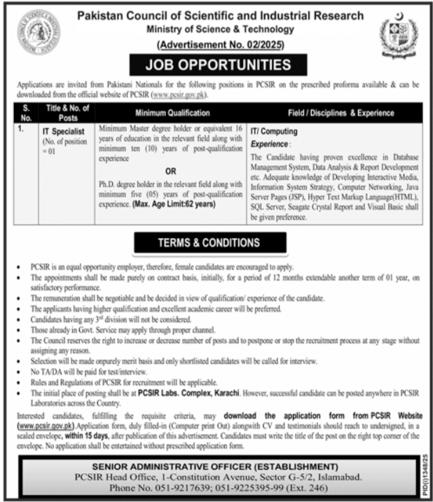 Pakistan Council of Scientific and Industrial Research Job 2025 Job Advertisement Pakistan