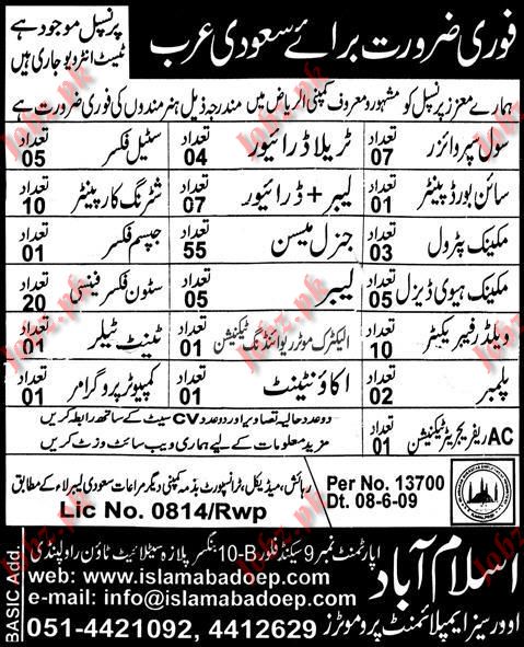 Techinical Staff Wanted for Saudi Arabia 2025 Job Advertisement Pakistan