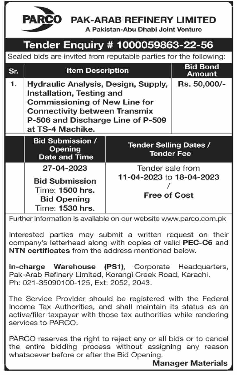 Tender for Procurement of Services at Pak Arab Refinery Limited PARCO 2024
