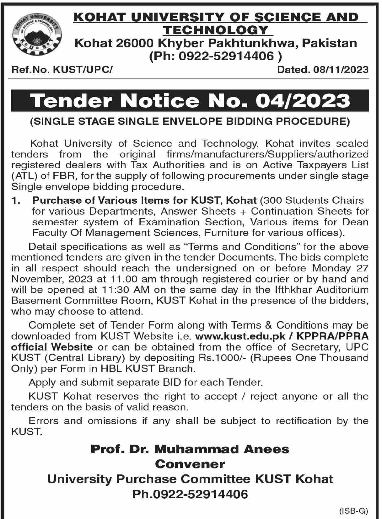 Tender for Purchase of Items at Kohat University of Science and Technology KUST 2025