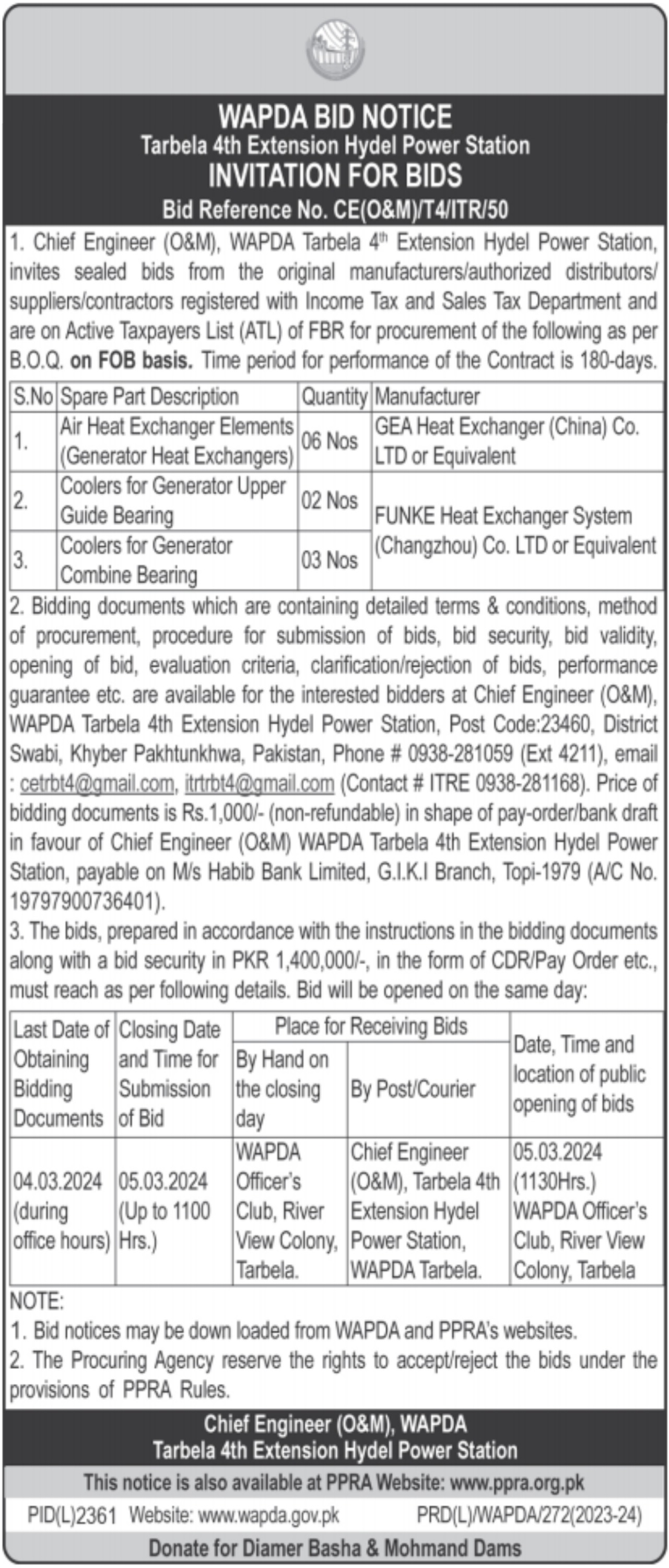 Tender for Provision of Items at Water and Power Development Authority WAPDA 2025