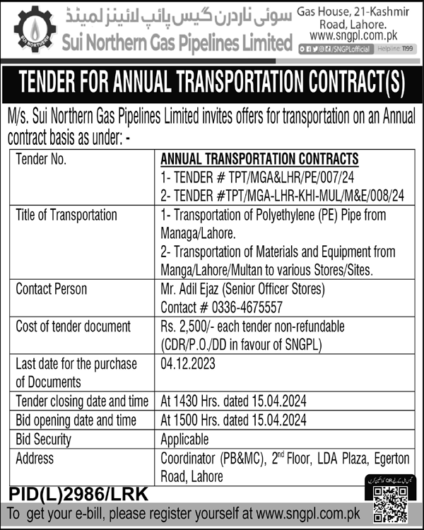 Sui Northern Gas Pipelines SNGPL Tender for Annual Transportation ...
